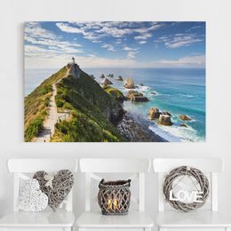 Bilderwelten Leinwandbild Strand Motiv Kunstdruck blau - Nugget Point Leuchtturm und Meer Neuseeland - Himmel XXL Wohnzimmer Schlafzimmer