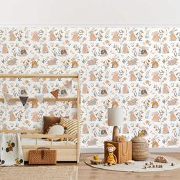 Bilderwelten Fototapete Tiere Tropisch Wandtapete beige - Fr&uuml;hlingshasen - Pflanzen Kinderzimmer Baby M&auml;dchen Jungen