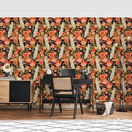 Bilderwelten Fototapete Kraniche und Chrysanthemen Schwarz