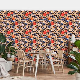 Bilderwelten Fototapete Blumen Tropisch Wandtapete beige - Orangen mit Bl&auml;tterranken - Ranke K&uuml;che