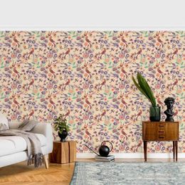 Bilderwelten Fototapete Blumen Illustration Wandtapete beige - Indisches Muster V&ouml;gel mit Blumen Beige - Indien Wohnzimmer Schlafzimmer