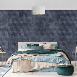 Bilderwelten Fototapete Vliestapete Shabby Fliesenoptik blau - Geometrisches Vintage Muster mit Ornamenten Blau - Geometrisch Wohnzimmer Schlafzimmer