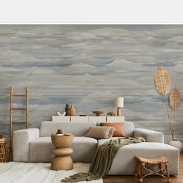 Bilderwelten Fototapete Natur modern Aquarell pastell - Berge im Nebel Grau - Berg Wohnzimmer Schlafzimmer
