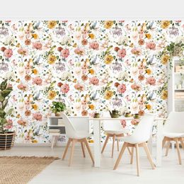 Bilderwelten Fototapete Blumen modern Aquarell pastell - Blumen und V&ouml;gel Aquarell Muster - Ranke Wohnzimmer Schlafzimmer