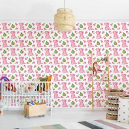 Bilderwelten Fototapete Tiere Abstrakt Aquarell rosa - Mr. & Mrs. Panda - Axolotl mit Blumen und Melonen - Spr&uuml;che Kinderzimmer Baby M&auml;dchen Jungen