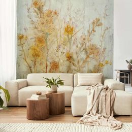 Bilderwelten Fototapete Gelbe Wilde Blumenwiese - Vliestapete nach Ma&szlig; Aquarell Blumen Floral Botanik Tropical Illustration Wohnzimmer Gelb