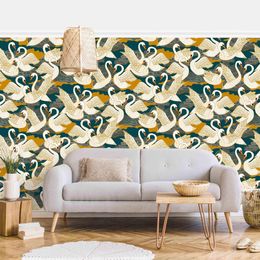 Bilderwelten Fototapete Blumen Illustration Wandtapete beige - Wei&szlig;e Schw&auml;ne auf Dunkelblau - V&ouml;gel Wohnzimmer Schlafzimmer