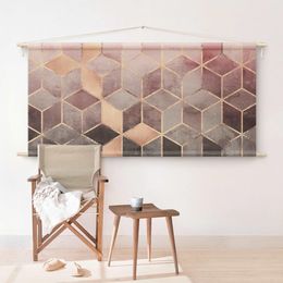 Bilderwelten Wandteppich originell rosa Abstrakt Aquarell - Rosa Grau goldene Geometrie - Geometrisch Wohnzimmer Schlafzimmer