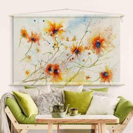 Bilderwelten Wandteppich Blumen orange modern Aquarell - Painted Flowers - Wandbild Wohnzimmer Schlafzimmer