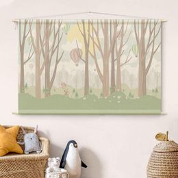 Bilderwelten Wandteppich Wald gr&uuml;n Illustration Stoffbild - Sonne mit B&auml;umen und Hei&szlig;luftballons - Ballon Kinderzimmer Baby M&auml;dchen Jungen