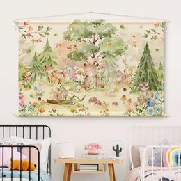 Bilderwelten Wandteppich Wald bunt modern Aquarell - Aquarell Waldtiere - B&auml;ume Kinderzimmer Baby M&auml;dchen Jungen