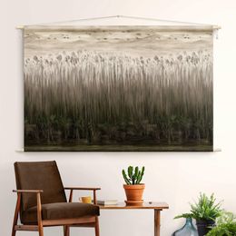 Bilderwelten Wandteppich Natur beige Vintage Stoffbild - Flussschilf vor Berglandschaft in beige - Gr&auml;ser Wohnzimmer Schlafzimmer