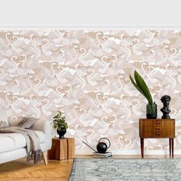 Bilderwelten Fototapete Blumen Illustration Wandtapete beige - Wei&szlig;e Schw&auml;ne auf Beige - V&ouml;gel Wohnzimmer Schlafzimmer