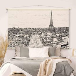 Bilderwelten Wandteppich Stadt schwarz weiss Illustration Stoffbild - Stadtstudie - Paris - Architektur Wohnzimmer Schlafzimmer