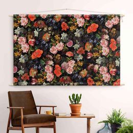 Bilderwelten Wandteppich Blumen bunt modern Stoffbild - Dunkles Blumenbouquet - Wandbild Wohnzimmer Schlafzimmer