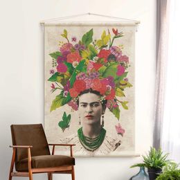 Bilderwelten Wandteppich Blumen rot modern Stoffbild - Frida Kahlo - Blumenportrait - Wandbild Wohnzimmer Schlafzimmer