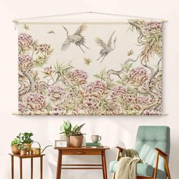 Bilderwelten Wandteppich Tiere rosa Vintage Aquarell - Aquarell St&ouml;rche im Flug mit Rosen - Rose Wohnzimmer Schlafzimmer