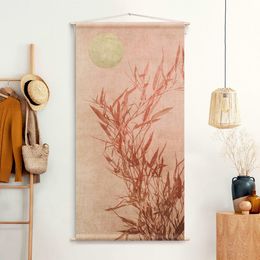 Bilderwelten Wandteppich Natur rosa modern Stoffbild - Goldene Sonne mit Rosa Bambus - Bambus Wohnzimmer Schlafzimmer
