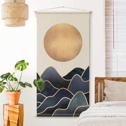 Bilderwelten Wandteppich originell gold Abstrakt Aquarell - Goldene Sonne blaue Wellen - Wandbild Wohnzimmer Schlafzimmer