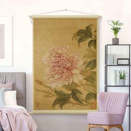 Bilderwelten Wandteppich originell beige Vintage Stoffbild - Yun Shouping - Chrysantheme - Retro Wohnzimmer Schlafzimmer