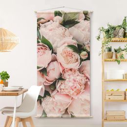 Bilderwelten Wandteppich Blumen rosa Landhaus Stoffbild - Rosa Pfingstrosen mit Bl&auml;ttern - Rose Wohnzimmer Schlafzimmer