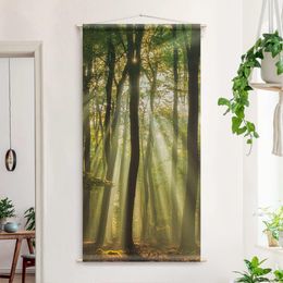 Bilderwelten Wandteppich Wald gr&uuml;n Motiv Stoffbild - Sonnentag im Wald - B&auml;ume Wohnzimmer Schlafzimmer