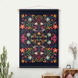 Bilderwelten Wandteppich Blumen blau Abstrakt Stoffbild - Fridas Garten Illustration - Wandbild Wohnzimmer Schlafzimmer