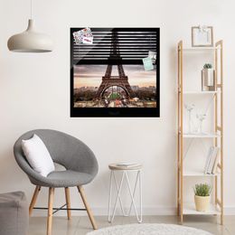Bilderwelten Glasbild Stadt modern einzigartig Glas Wandbild - Fensterblick Jalousie - Eiffelturm Paris - Paris Wohnzimmer Schlafzimmer