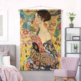 Bilderwelten Wandteppich originell gelb modern Stoffbild - Gustav Klimt - Dame mit F&auml;cher - Wandbild Wohnzimmer Schlafzimmer