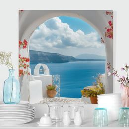 Bilderwelten Leinwandbild Strand Motiv Kunstdruck bunt - Santorini Blick durch Steinbogen - Griechenland XXL Wohnzimmer Schlafzimmer