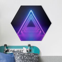 Bilderwelten Alu-Dibond Bild Hexagon violett Digital Art 3D-Effekt - Neon Dreieck - Deko Jugendzimmer