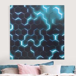 Bilderwelten Leinwandbild Strukturierte Hexagone mit Neonlicht in T&uuml;rkis
