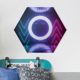 Bilderwelten Alu-Dibond Bild Hexagon blau Digital Art - Bunte Neonlichter - Deko Jugendzimmer