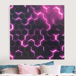 Bilderwelten Leinwandbild Strukturierte Hexagone mit Neonlicht in Pink