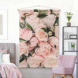 Bilderwelten Wandteppich Blumen rosa Landhaus Stoffbild - Rosa Pfingstrosen mit Bl&auml;ttern - Rose Jugendzimmer
