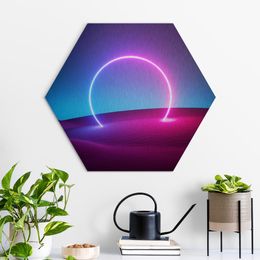 Bilderwelten Alu-Dibond Bild Hexagon pink Digital Art - Neonlichtkreis im Sand - Deko Jugendzimmer
