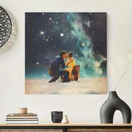 Bilderwelten Leinwandbild originell Fotomontage Kunstdruck bunt - Romantisches Galaxie Dinner - Wandbild XXL Wohnzimmer Schlafzimmer