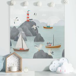 Bilderwelten Leinwandbild Meer mit Felsen, Booten und M&ouml;wen