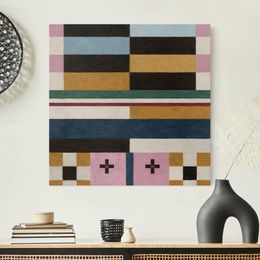 Bilderwelten Leinwandbild originell Abstrakt Kunstdruck bunt - Rechteckmuster Ocker, Rose und Blau - Wandbild XXL Wohnzimmer Schlafzimmer