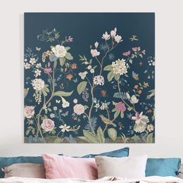 Bilderwelten Leinwandbild Illustrierte Blumen Chinoiserie auf Dunkelblau