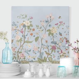 Bilderwelten Leinwandbild Blumen Illustration Kunstdruck blau - Illustrierte Blumen Chinoiserie auf Hellblau - Schmetterlinge XXL Wohnzimmer Schlafzimmer