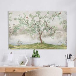 Bilderwelten Leinwandbild Natur Vintage Kunstdruck gr&uuml;n - Japanischer Garten im Nebel - Japan XXL Wohnzimmer Schlafzimmer