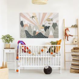 Bilderwelten Leinwandbild Natur Illustration Kunstdruck gr&uuml;n - Luftfahrt &uuml;ber den Bergen Gr&uuml;n - Ballon XXL Kinderzimmer Baby M&auml;dchen Jungen