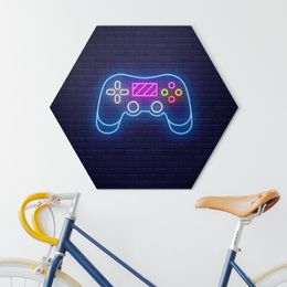 Bilderwelten Alu-Dibond Bild Hexagon blau Digital Art - Neon Gaming Controller - Deko Jugendzimmer