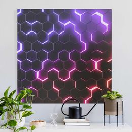 Bilderwelten Leinwandbild Strukturierte Hexagone mit Neonlicht in Rosa und Lila