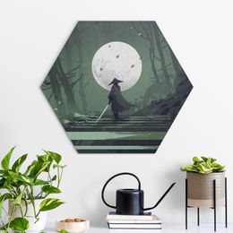 Bilderwelten Alu-Dibond Bild Hexagon gr&uuml;n Illustration - Ninja im roten Mondschein - Deko Jugendzimmer