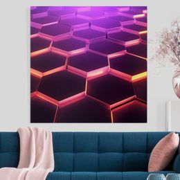 Bilderwelten Leinwandbild Hexagone mit Neonlicht in Rosa und Lila
