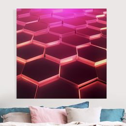 Bilderwelten Leinwandbild Hexagone mit Neonlicht in Pink und Rot
