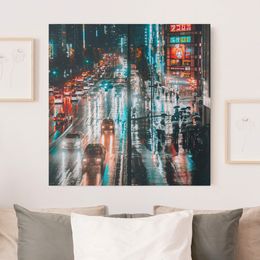 Bilderwelten Leinwandbild Regen in der leuchtenden Stadt