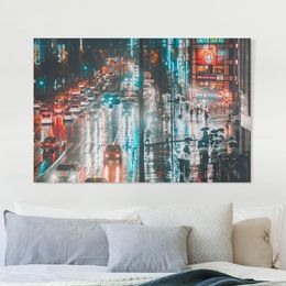 Bilderwelten Leinwandbild Stadt modern Kunstdruck bunt - Regen in der leuchtenden Stadt - China XXL Wohnzimmer Schlafzimmer